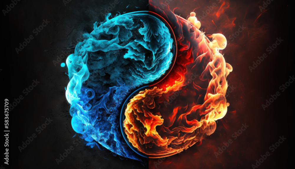 Yin-yang or Tai Chi symbol made of red and blue fire on black ...
