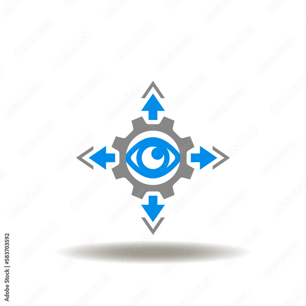 Vector illustration of gear with eye and arrows in different directions ...