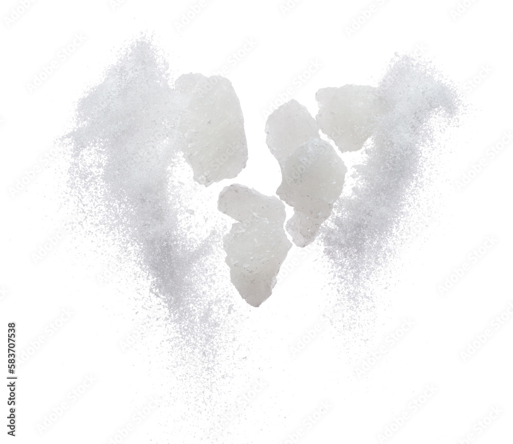 Fotografie Rock Sugar mix refined ground dust fly explosion, white ...