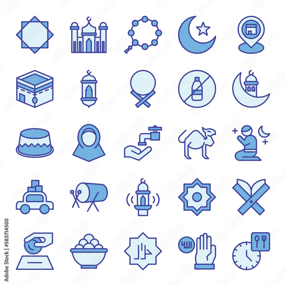 Ramadan (25) icons set in blue color outline style. The collection ... Ramadan (25) icons set in blue color outline style. The collection ...