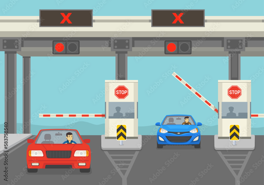Cars passing through highway checkpoint with barriers. Front view of ...
