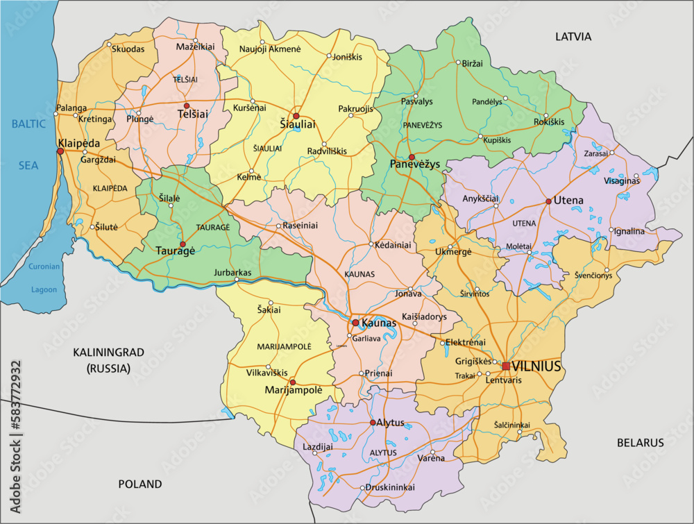 Lithuania - Highly detailed editable political map with labeling. Stock ...