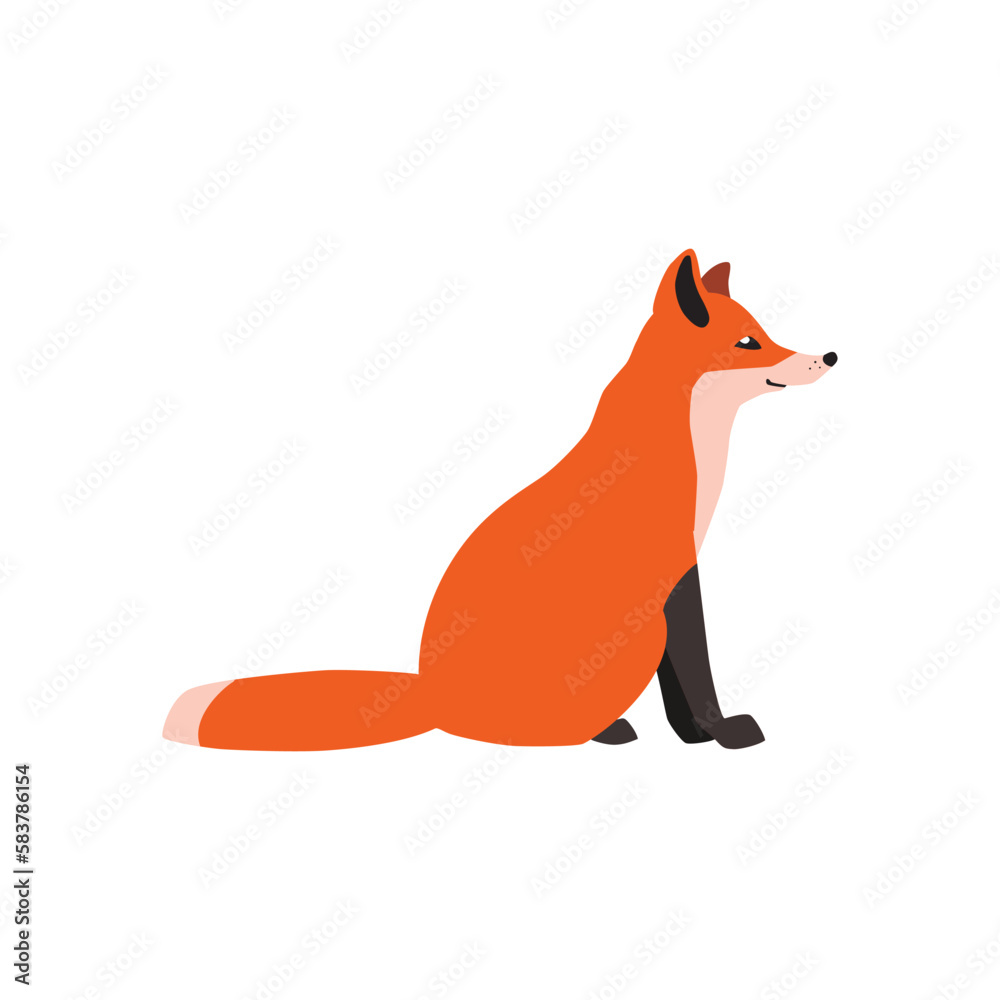 Animal illustration. Sitting red fox drawn in a flat style. Isolated ...