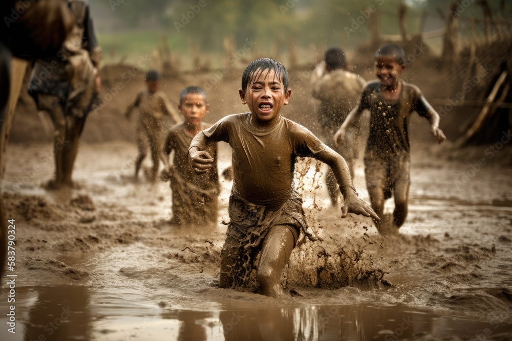 AI generated a picture of several happy children playing in a muddy ...