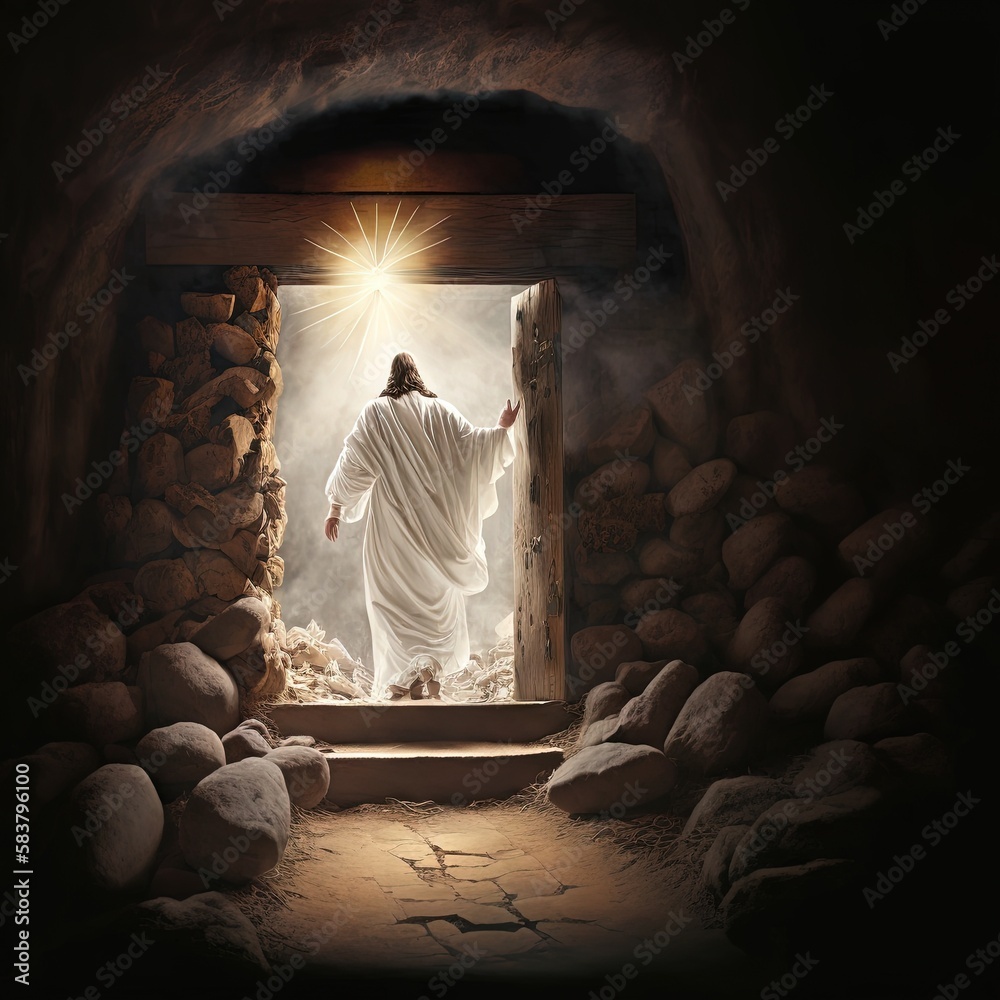 Resurrection of Jesus Christ, empty tomb, Jesus coming out of the tomb. Cricifix. Religion and ...