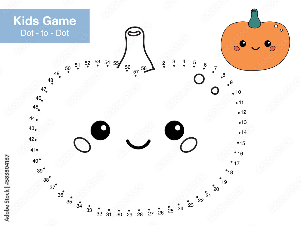 Number puzzle game. Dot to dot. Cute kawaii pumpkin. Healthy food ...