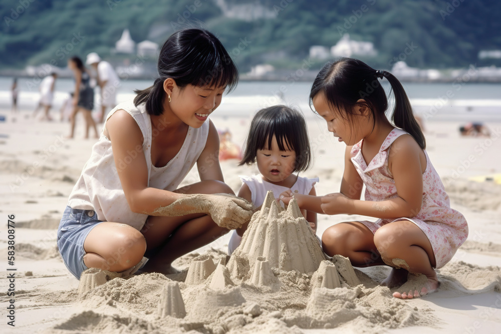 Asian girls sisters or friends building sand castle on the beach ...