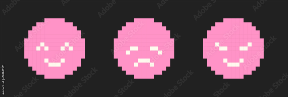 Vetor Pink and White Emo Pixel 8bit Smileys Set. Happy, smiling, sad ...