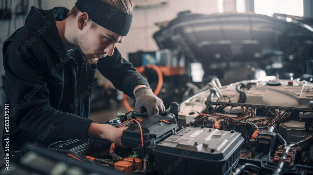 Generative AI illustration electric vehicle mechanic replacing the ...