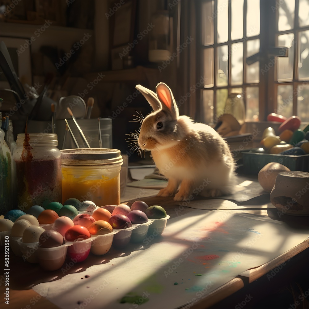Ein kleiner Osterhase sitzt in seiner Malerwerkstatt und bemalt Eier in ...