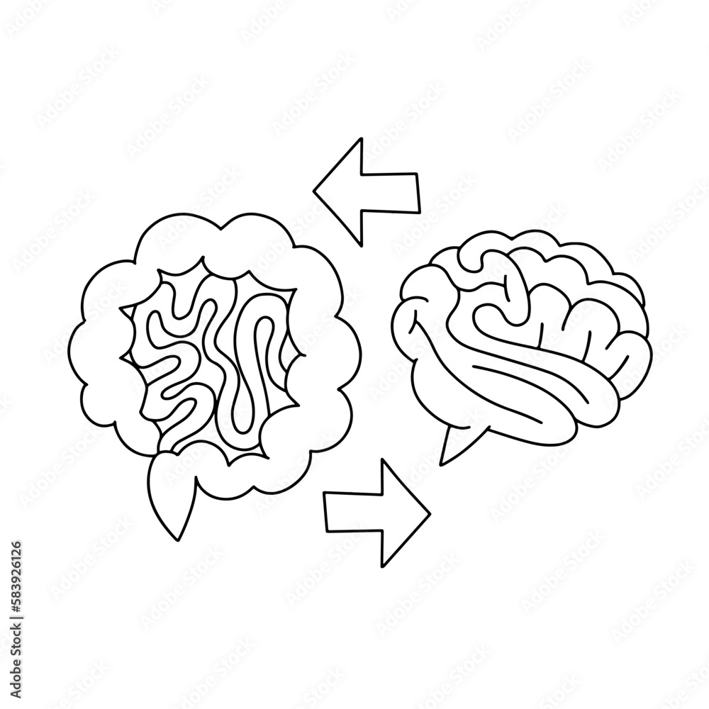 Gut Brain Axis linear concept. Brain and stomach with arrows line ...