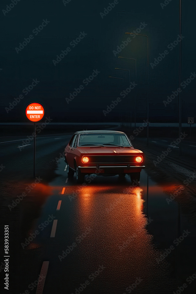 Classic car with glowing headlights on remote road at night with a Do ...