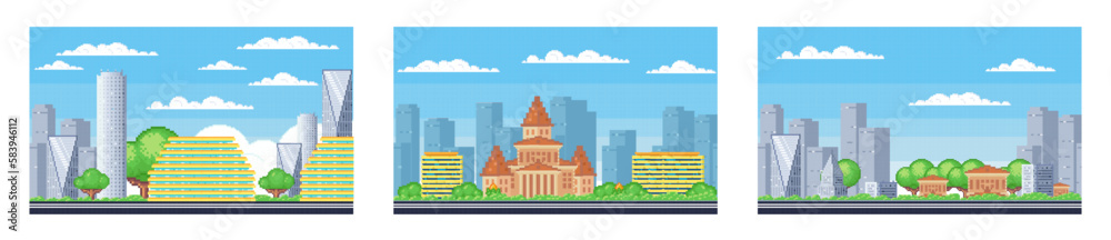 Pixel art landscape. Urban street view, 8 bit city park road, with ...