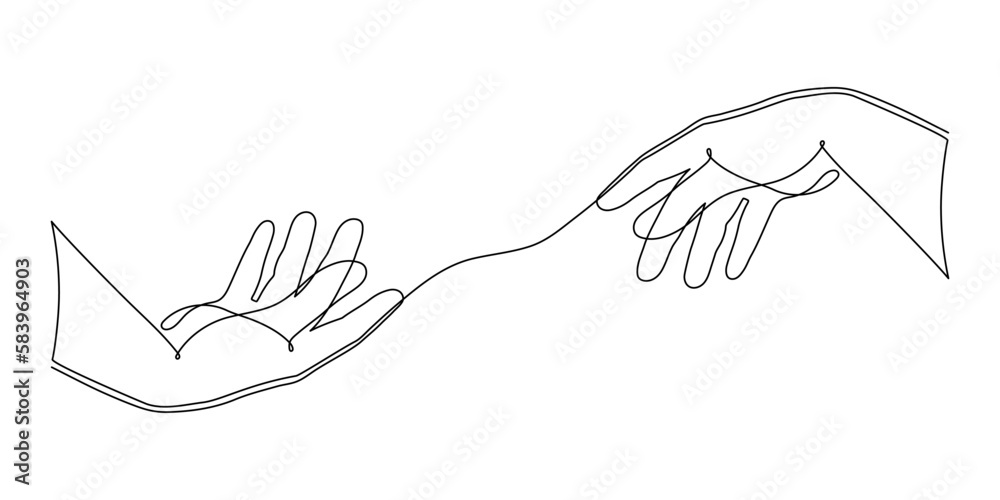 Hands one-line art, hand drawn continuous contour. Palm with fingers ...