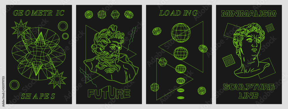 Rave psychedelic retro futuristic poster set in 2000s style. Surreal ...