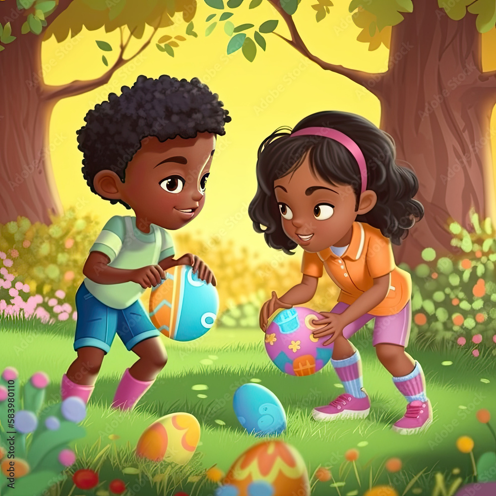 Vector Cartoon of Kids on Easter Egg Hunt - Generative AI Vector ...