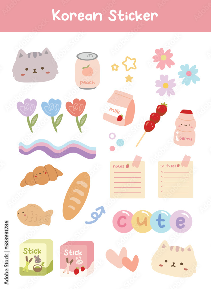 Cute Korean Sticker Printable Vector Illustration Stock Vector | Adobe ...