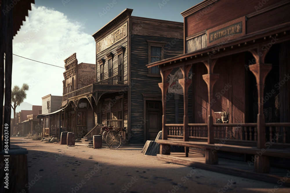 empty street in an old wild west town with wooden buildings, created by ...