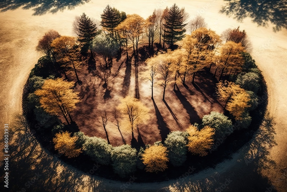 View from above of a circular grove of trees in a park at sunset ...
