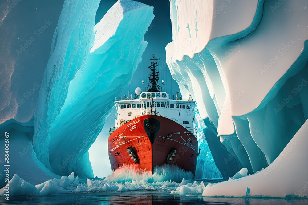 icebreaker with powerful icebreaking prow crawls through thick polar ...