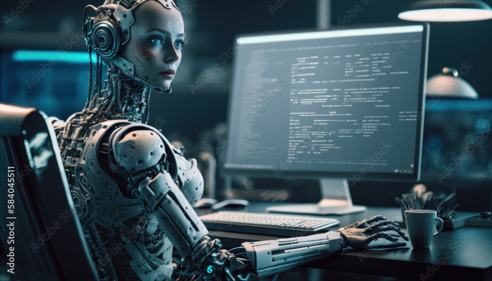 AI chatbot robot assistant sitting at desk using computer as artificial ...