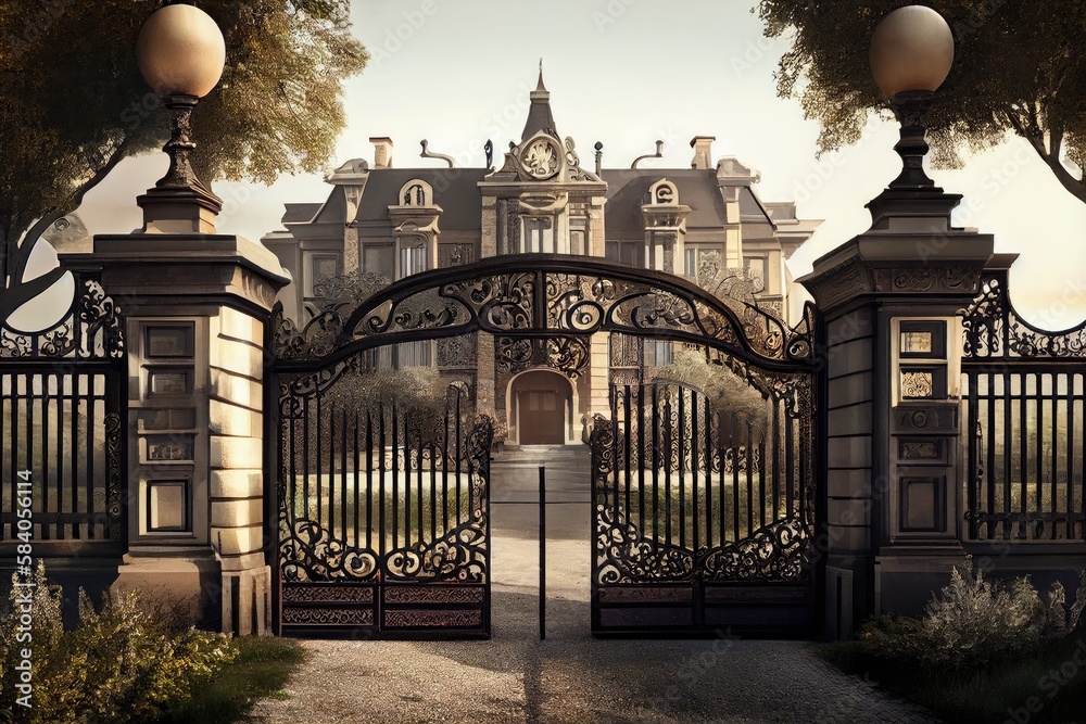 giant iron gates, towering over the entrance to a grand estate with ...