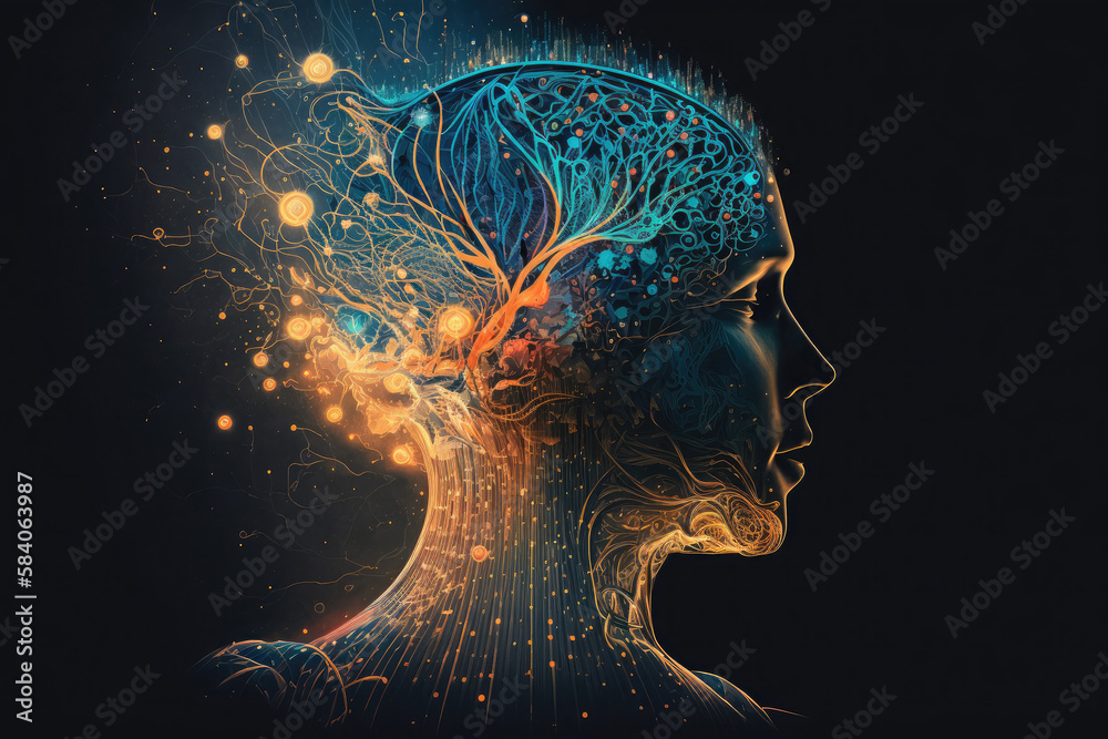 Meditation concept with human head silhouette glowing esoteric neurons ...