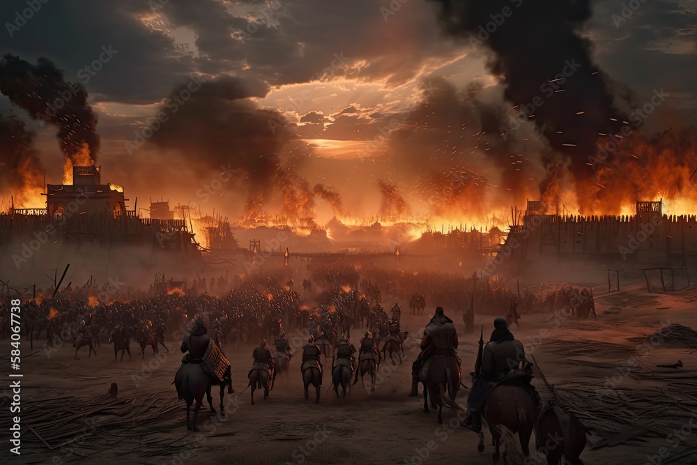 Genghis Khan and his Mongolian generals and warriors fighting under the ...