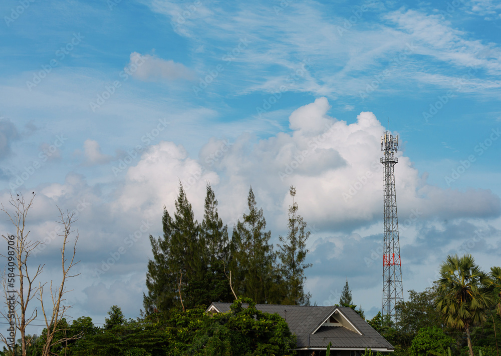 Mobile internet radio tower set up in forest environment Stock Photo ...