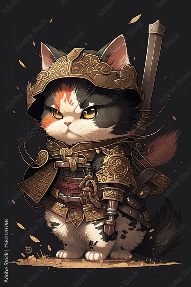 Ilustración de Stock Samurai Armor Chinese Li Hua cat Chibi ...