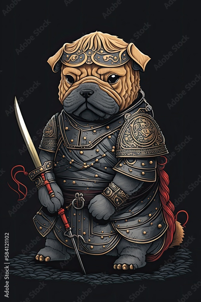 Ilustrace Chibi Anime Illustration of Shar Pei dog in Japanese Samurai ...