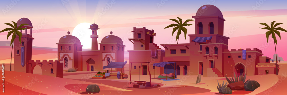 Ancient arab city in desert at sunset. Vector cartoon illustration of ...