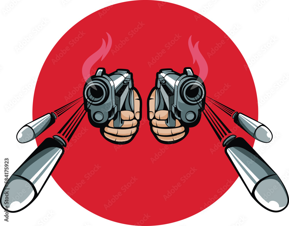 mascot style gun pistol shooting bullets in a perspective. Bullets ...