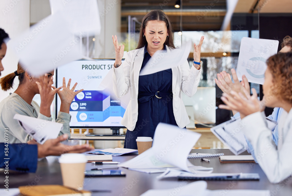 Frustration, argument and business people fighting in meeting while ...