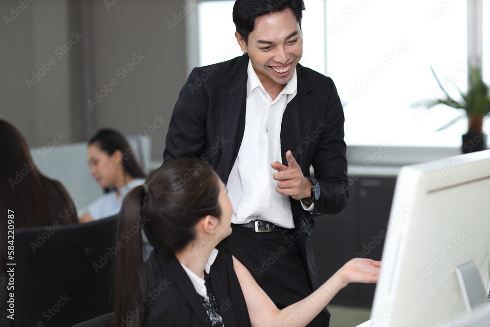 Attractive professional asian female employee worker working, using computer presentation and ...