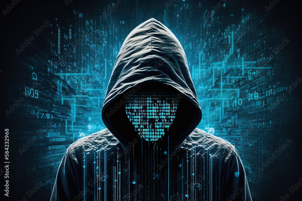 Computer hacker in hoodie with matrix code instead his face on blue digital background. Data ...