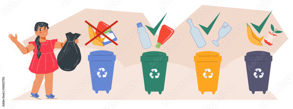 Child sorting garbage for reuse and recycle. Teaching children to ...