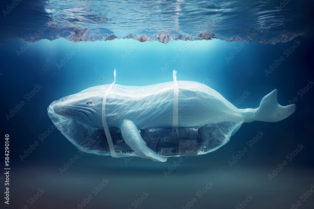 Huge whale in plastic package underwater, ocean plastic pollution ...