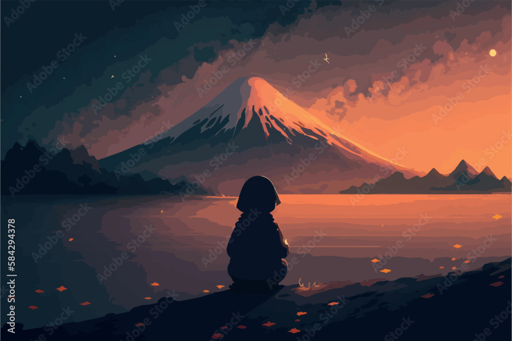 Girl looking at the mount fuji during the night. Vector art of anime ...