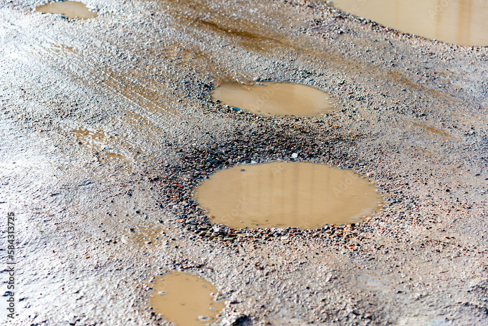 Potholes with water puddles on Icelandic muddy gravel roads.the old ...