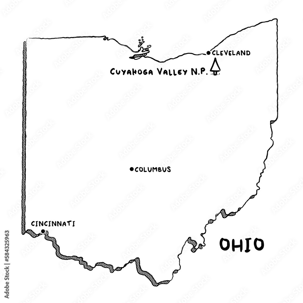 Vector hand drawn map of Ohio OH with main cities and US National Parks ...