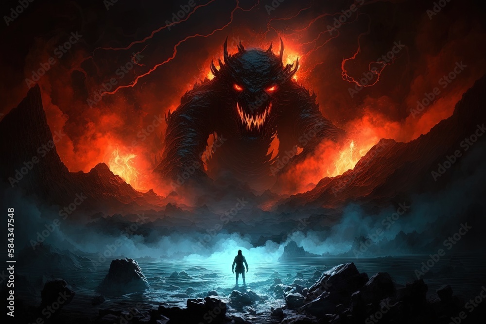 Colossal creature emerging from a lake of bubbling lava, surrounded by ...