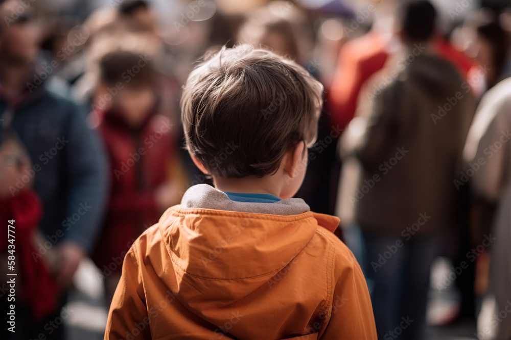 Lonely child in crowd of people, lost little boy on street. Close-up ...