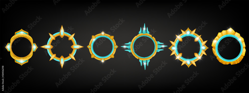 Game avatar frame set, vector UI circle badge, level up medieval RPG ...