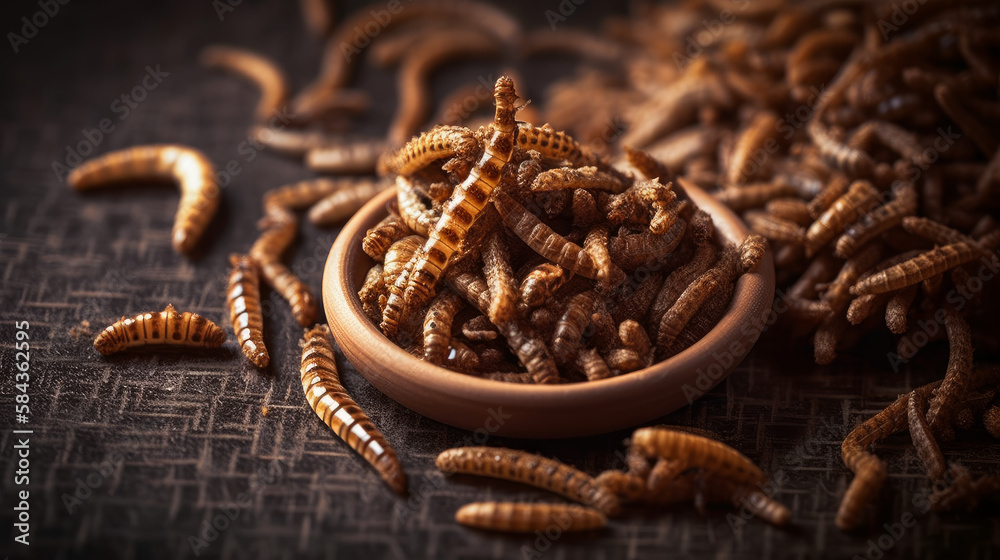 eat some bugs. a bowl of flour with mealworm larvae as food. Tenebrio ...