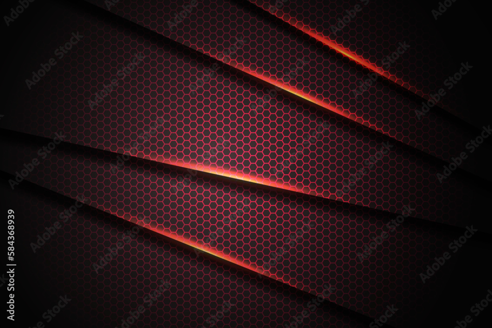 Abstract red light slash triangle on black with hexagon mesh design ...