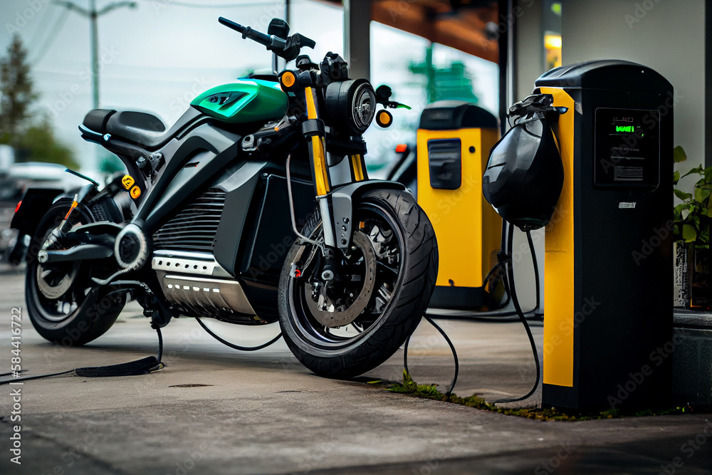 Electric Bike. Electric Vehicle (EV) charging dock with plug. Hybrid ...