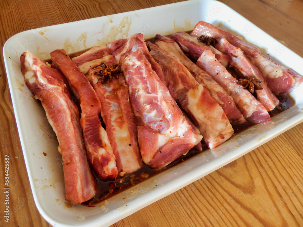 Spare ribs marinating in a home made marinade made of honey, oyster ...