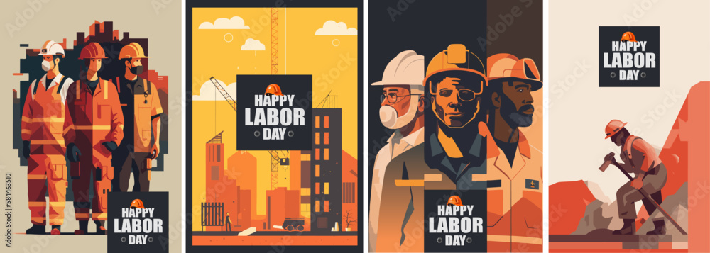 Labor Day. Vector illustration of builders, construction site, workers ...
