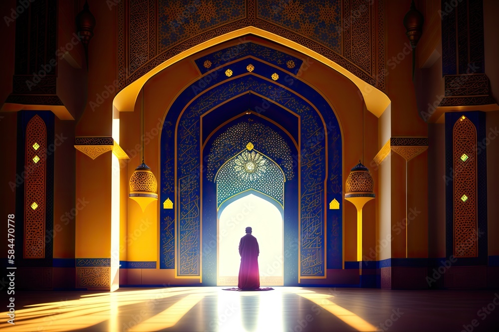Islamic background painting. Mosque and shadows. Light rays from mosque ...